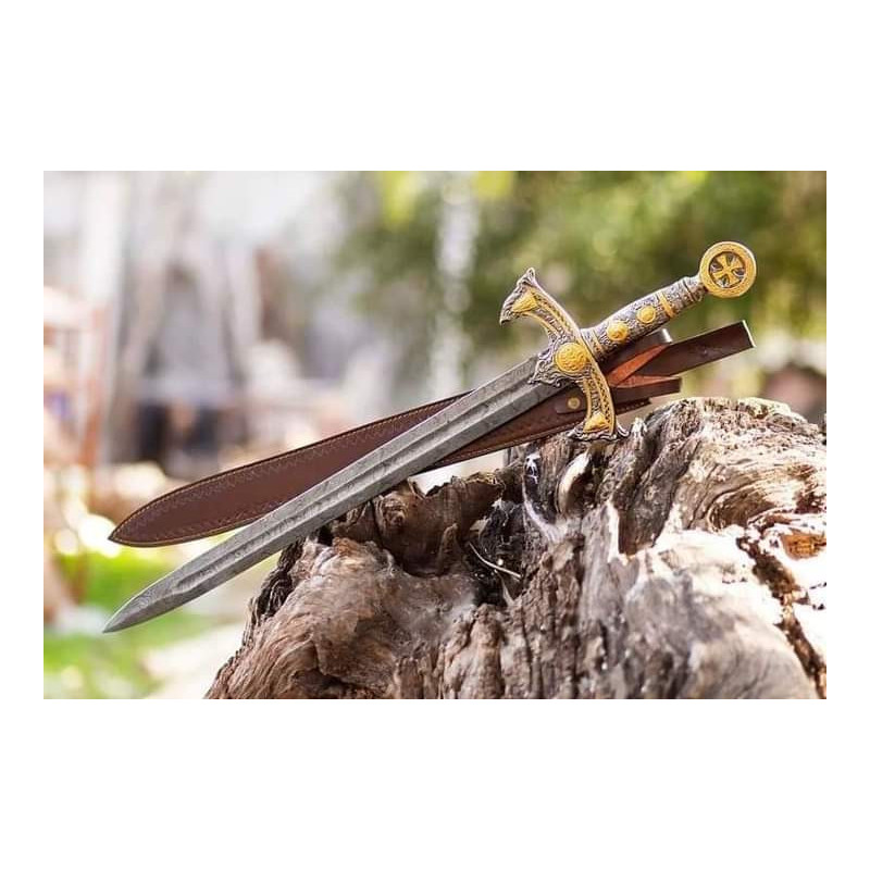 Custom Handmade Damascus Sword With Leather Sheath
